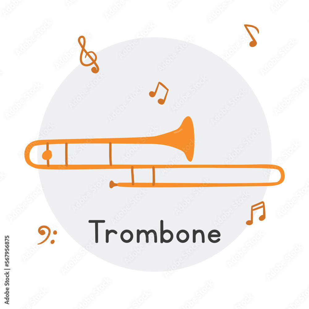 Golden trombone clipart cartoon style. Simple cute trombone brass ...