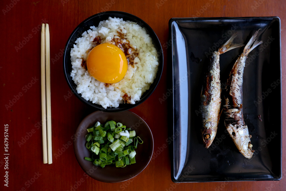 tamago kake gohan or raw egg on rice. traditional food from japan, eat ...