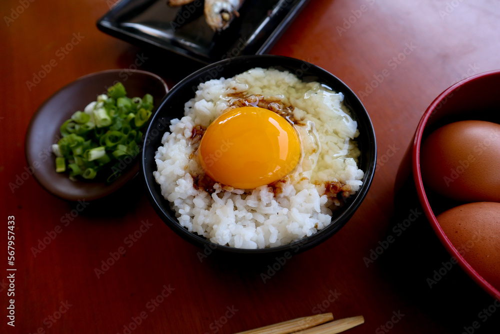 tamago kake gohan or raw egg on rice. traditional food from japan, eat ...