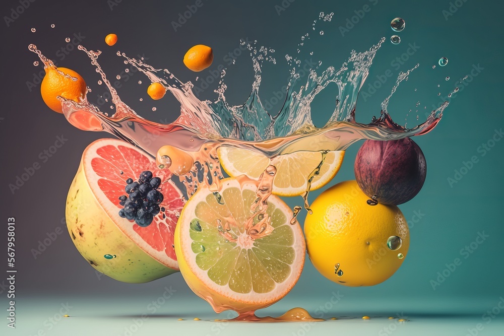Hyper realistic floating fruits with water splash on pastel color ...