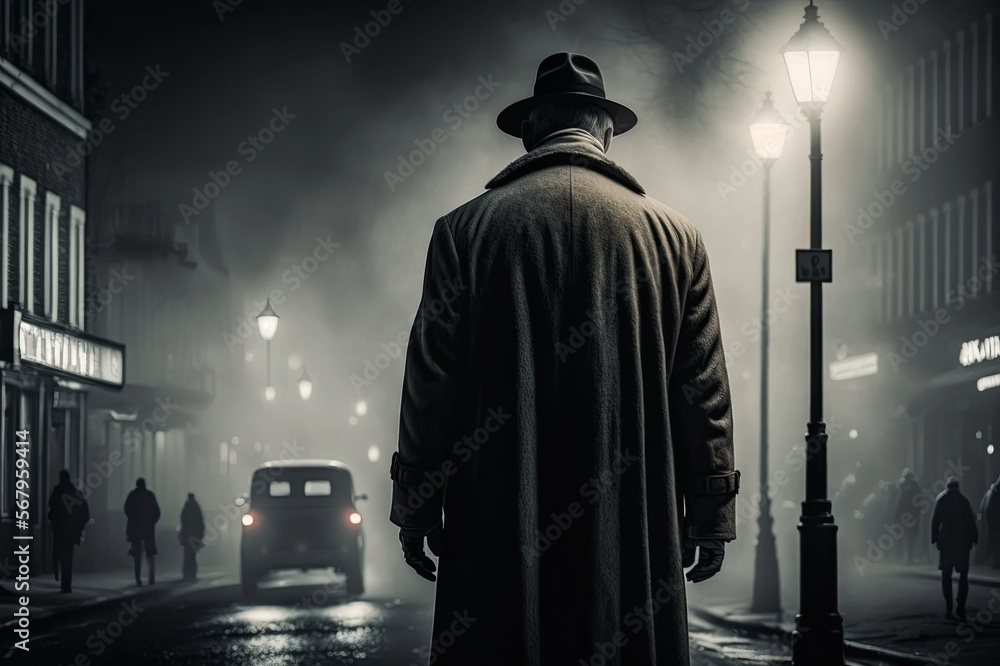 male detective stands with his back on a night street with rain in the ...
