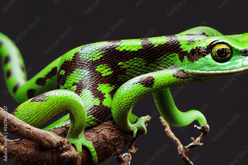 Brown spotted green baby pitviper or pit viper moving side ways. High ...