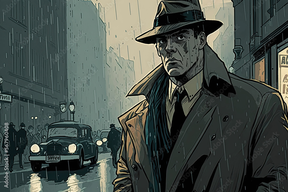male detective investigator hat and coat on rainy street at night ...