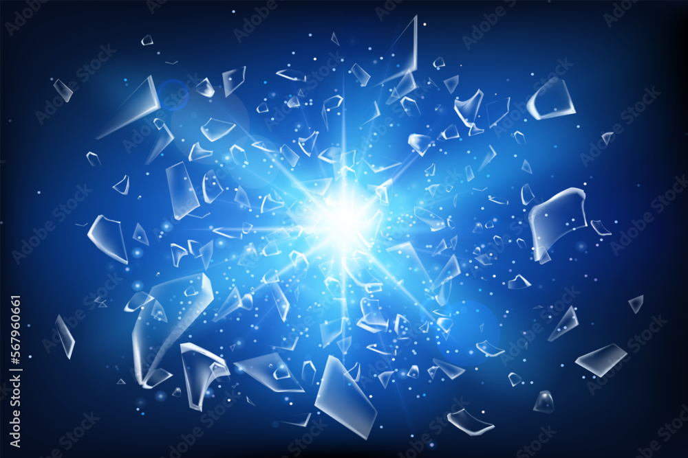 Blue light. Broken glass shatter. 3D explode fragments or shards ...