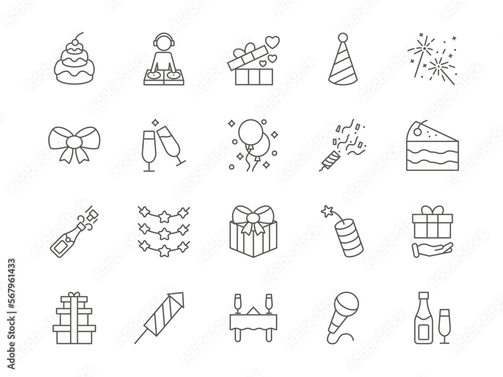 Fun event. Birthday party icons. Happy holiday music. Festive dinner ...