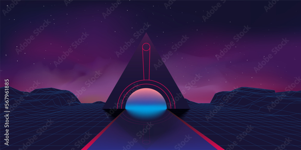 Retrowave neon pyramid, arcade space. Retro purple technology lights ...
