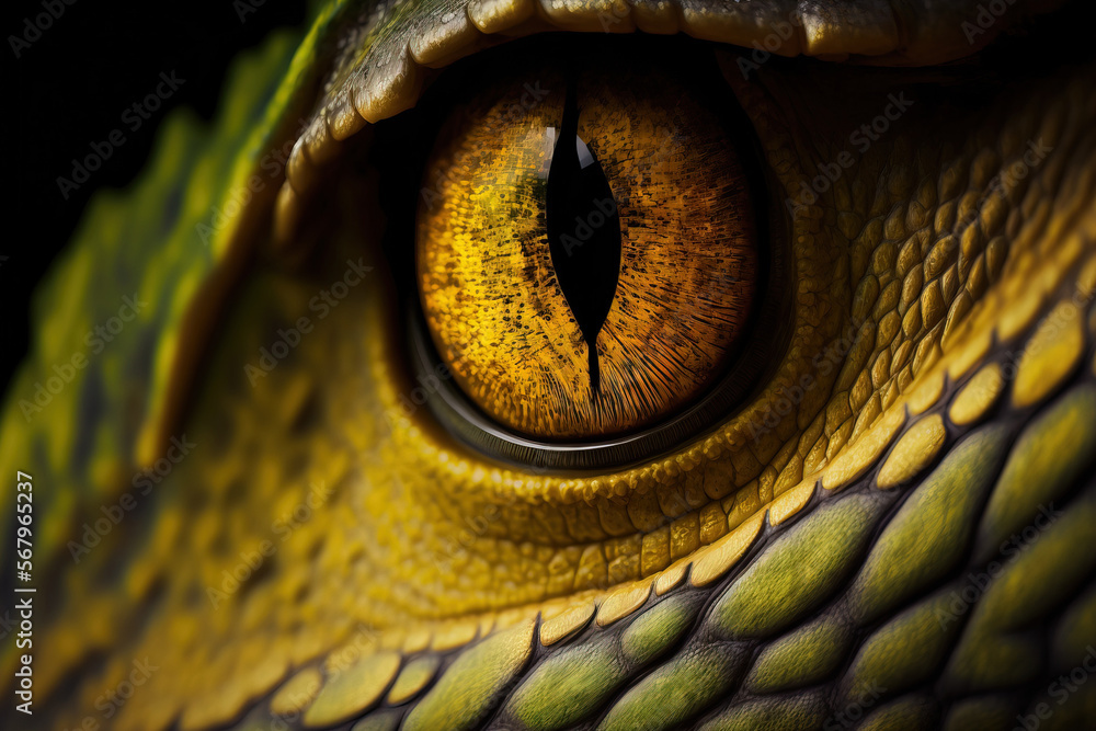 a scary close up of a dinosaur's yellow eye. The eyes of the dinosaur ...