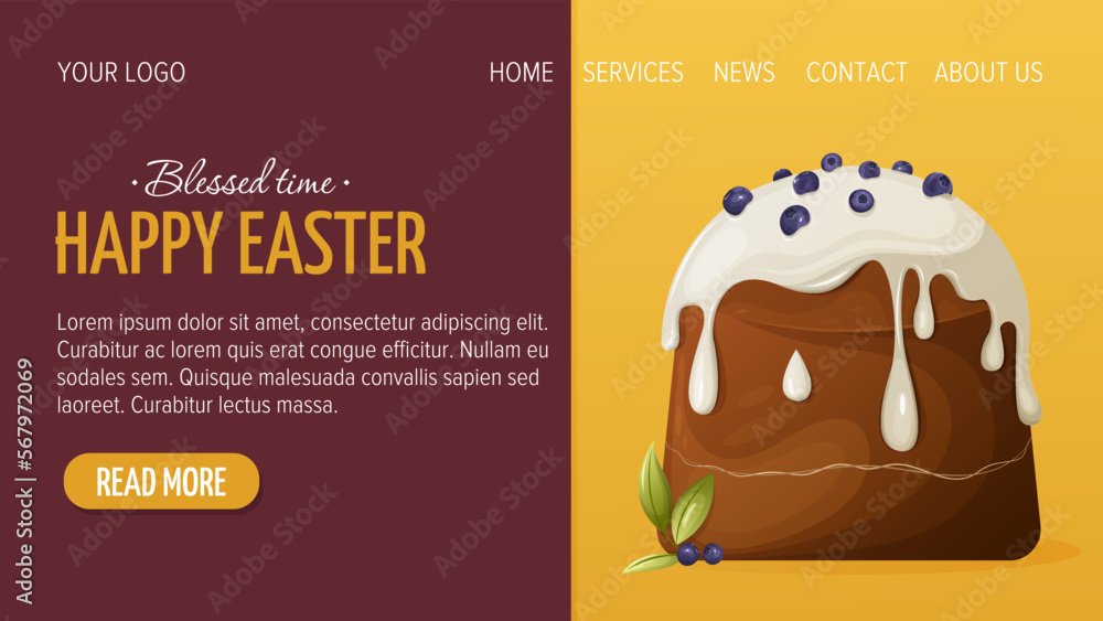 Web page design for Happy Easter. Festive traditional cake with white ...
