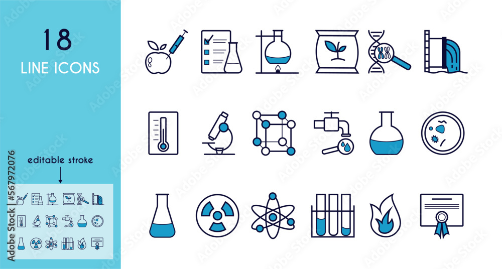 Chemical laboratory icons set. Water analysis, genetic research ...
