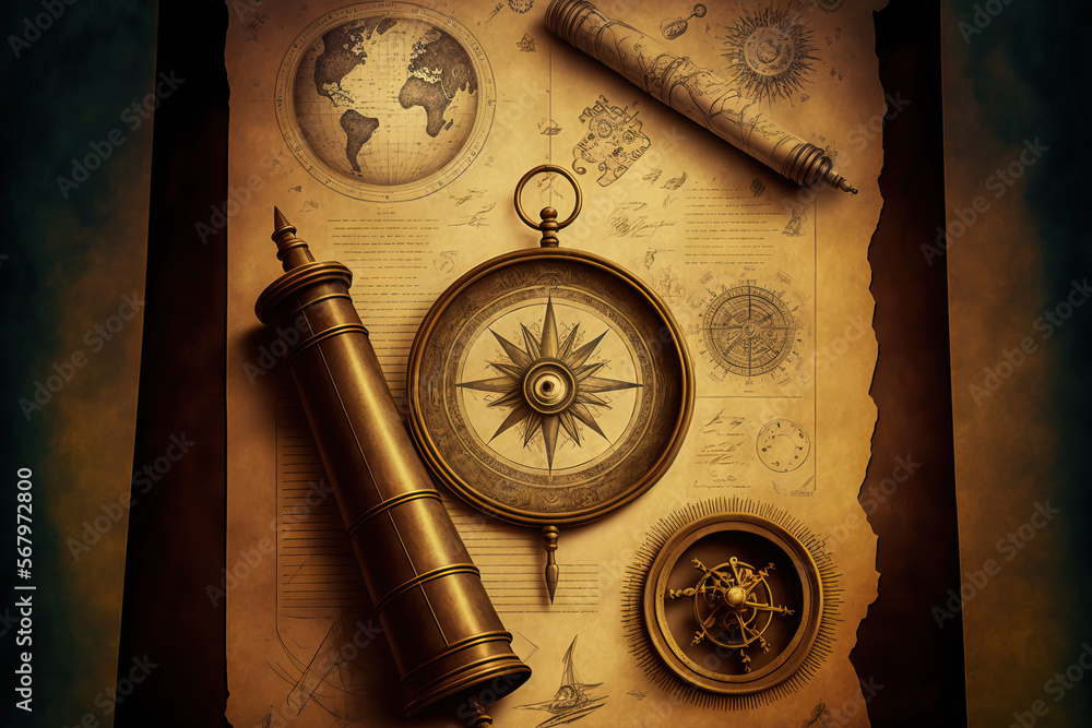 Astronomical instruments from the past on an old paper background ...