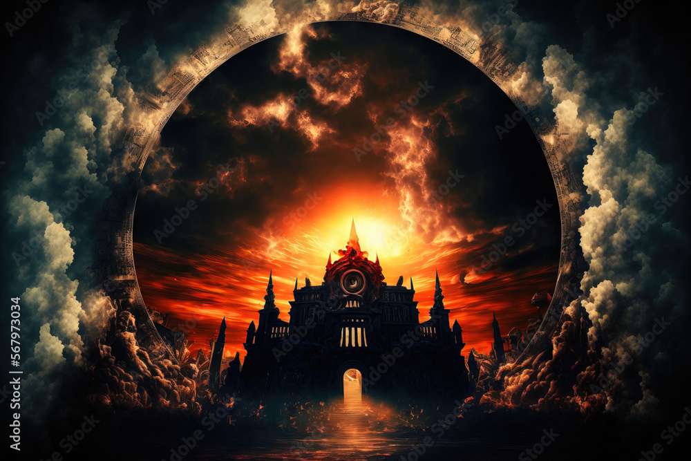 Hellish kingdom with a palace and hellish city, encircled by fire ...