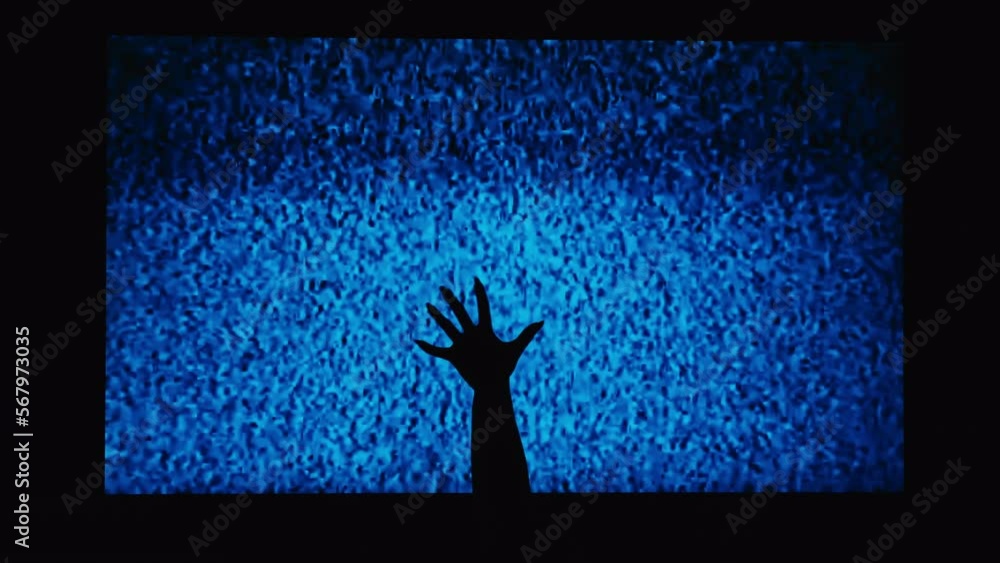 Hands on the background of the noise of the TV scary scene for a horror ...