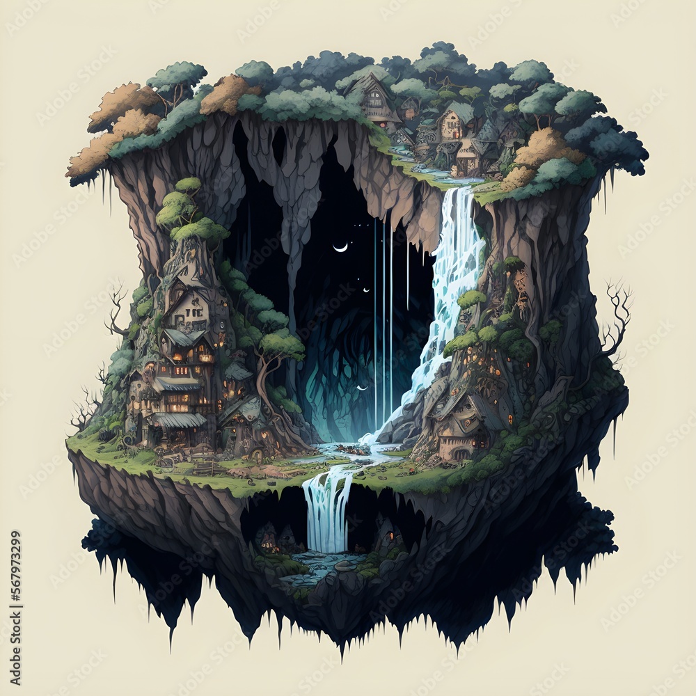 hyper detailed illustration of a waterfall with a cave behind it that ...