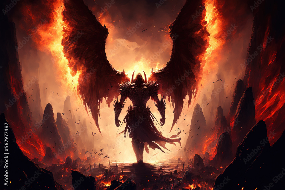 Demon bursting forth from hell with wings. Dark force, a firey mood, an ...