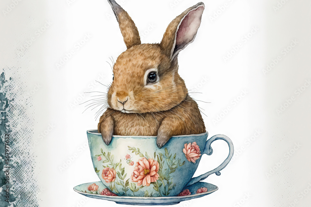 Watercolor illustration of a vintage female bunny rabbit holding a cup ...