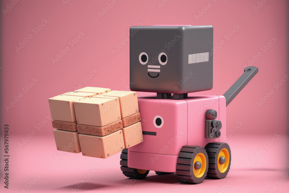 Robot moving powered pallet jack with wooden blocks. Forklift cart ...