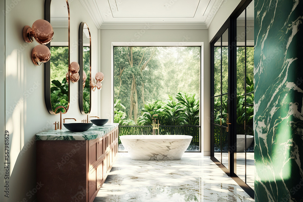 The contemporary, opulent bathroom has a view of a tropical garden and ...