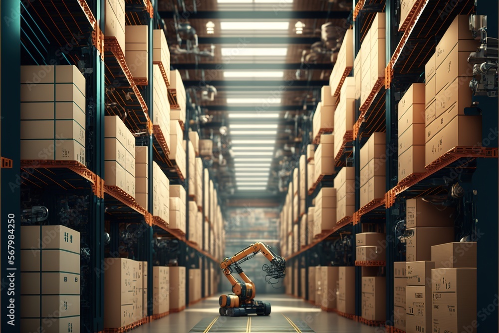 A robot moving through a warehouse filled with boxes and boxes on ...