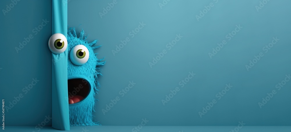 Funny monster peeks out from around corner, concept of Monster Mischief ...
