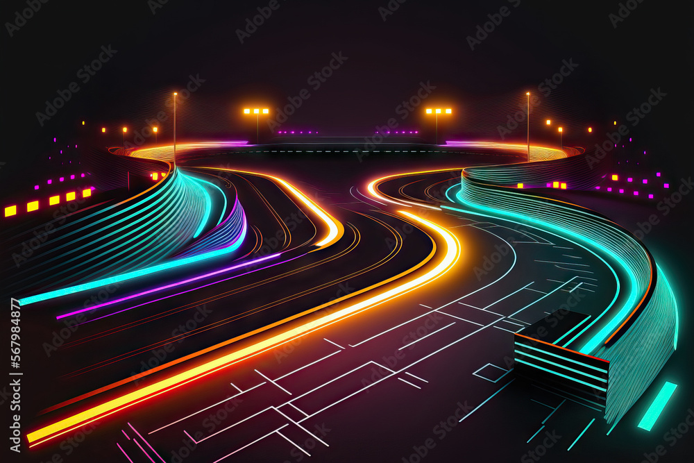 International race track in the night with railing and neon light arrow ...