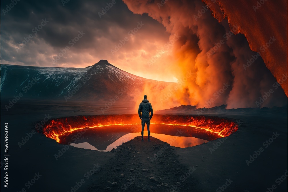 A man standing in front of a volcano with lava pouring out of it and a ...
