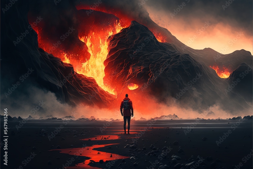 A man standing in front of a huge volcano with lava pouring out of it's ...