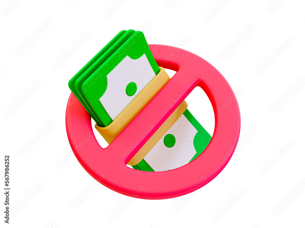 3d minimal A pile of banknotes with a stop icon. no cash accepted icon ...