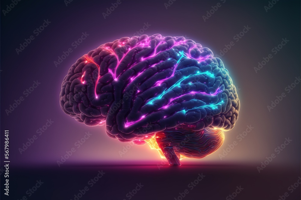 A computer generated image of a human brain with a bright neon pattern ...