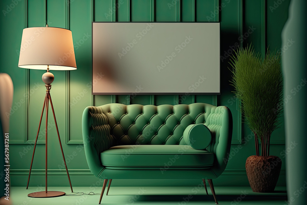 Horizontal green screen mockup in a TV image. Cozy Evening Living Room ...