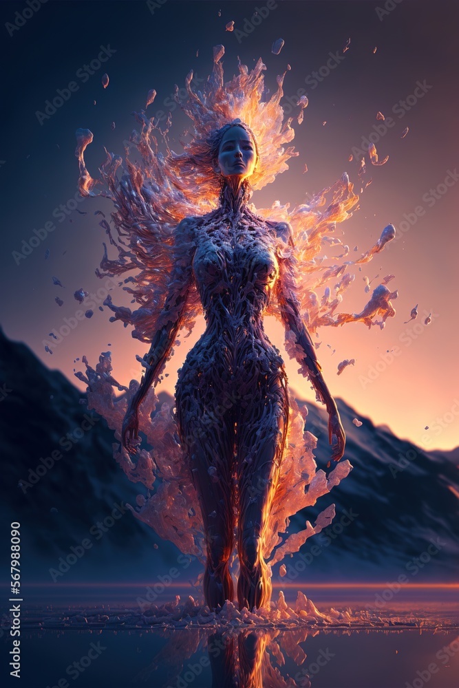 A woman with a body of fire in her hands and body of water in her hands ...