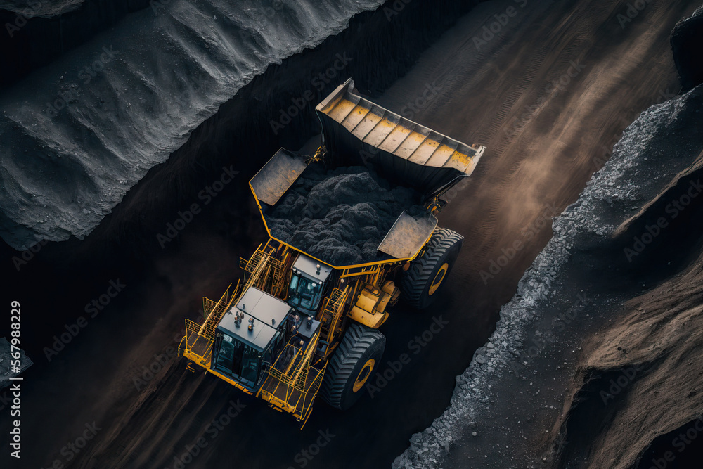 aerial panorama of a coal mine. Big yellow mining truck for a coal ...