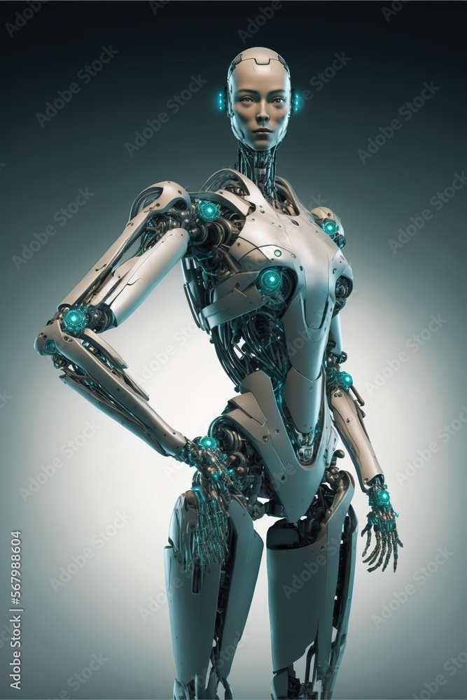 A robot is standing in a pose with its hands on her hips and arms on ...