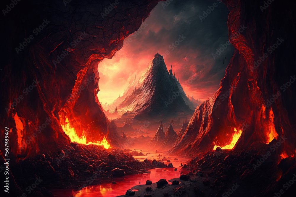 Hell has lava cliffs, scorching flames, and smoke clouds. Fire ...