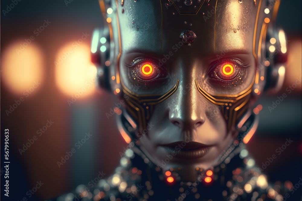 A robot with glowing eyes and a headpiece with a red light on it's face ...
