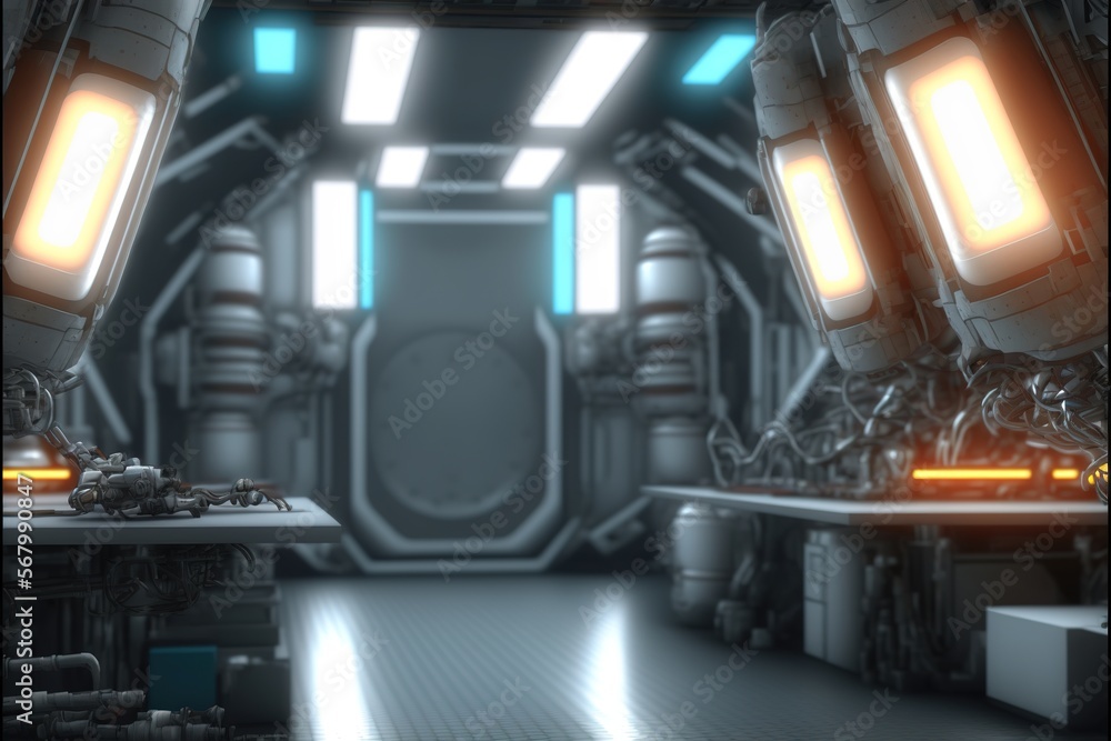 A sci - fi room with a large door and a lot of lights on the ceiling ...