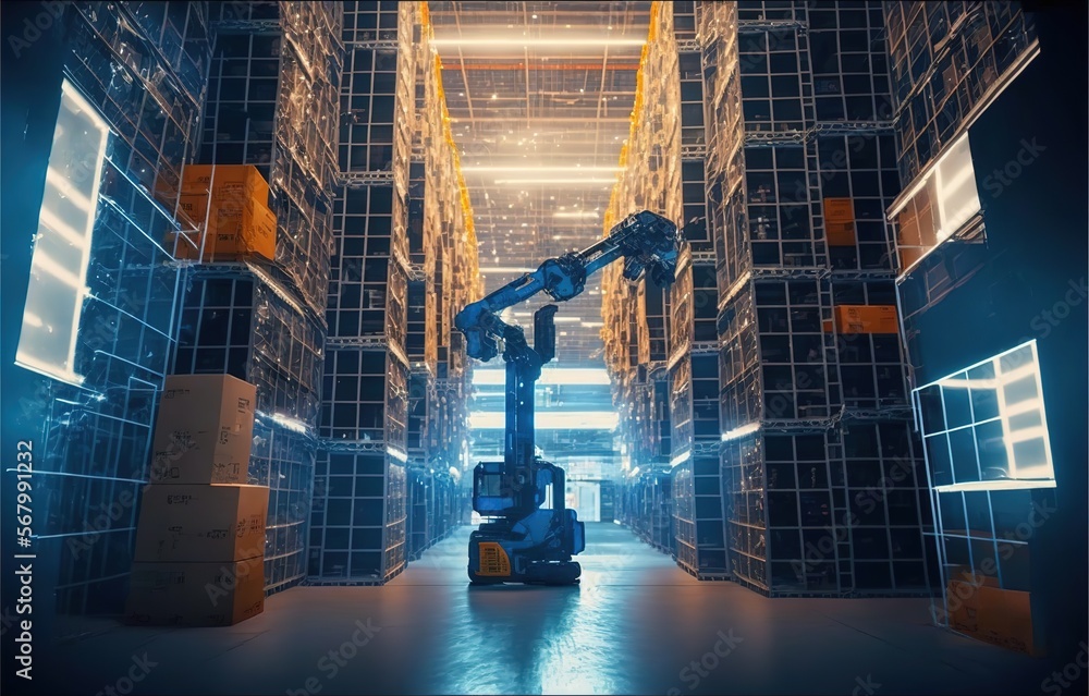 A robot is moving through a warehouse filled with boxes and pallets of ...