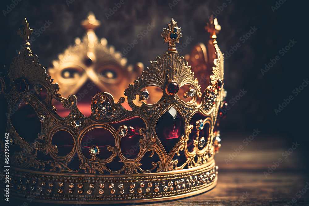 gorgeous queen or king crown in low key over a gold glitter table ...