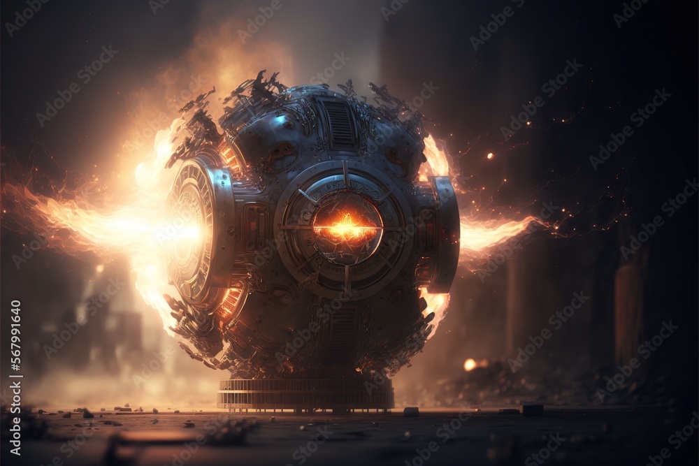 A futuristic looking object with a lot of fire and smoke around it in a ...