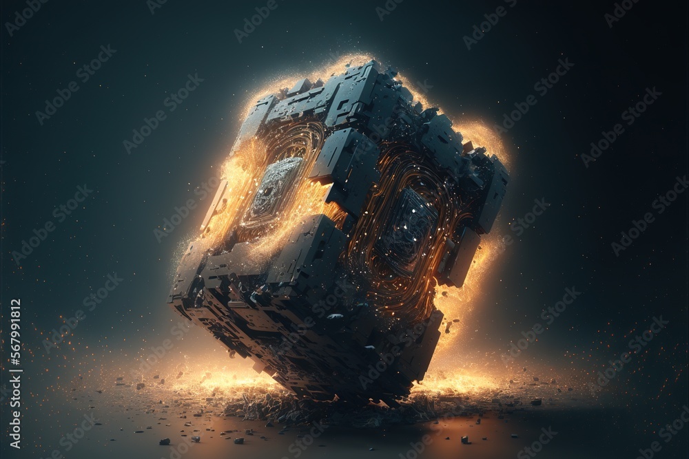 A large object with a lot of fire coming out of it's sides and a black ...