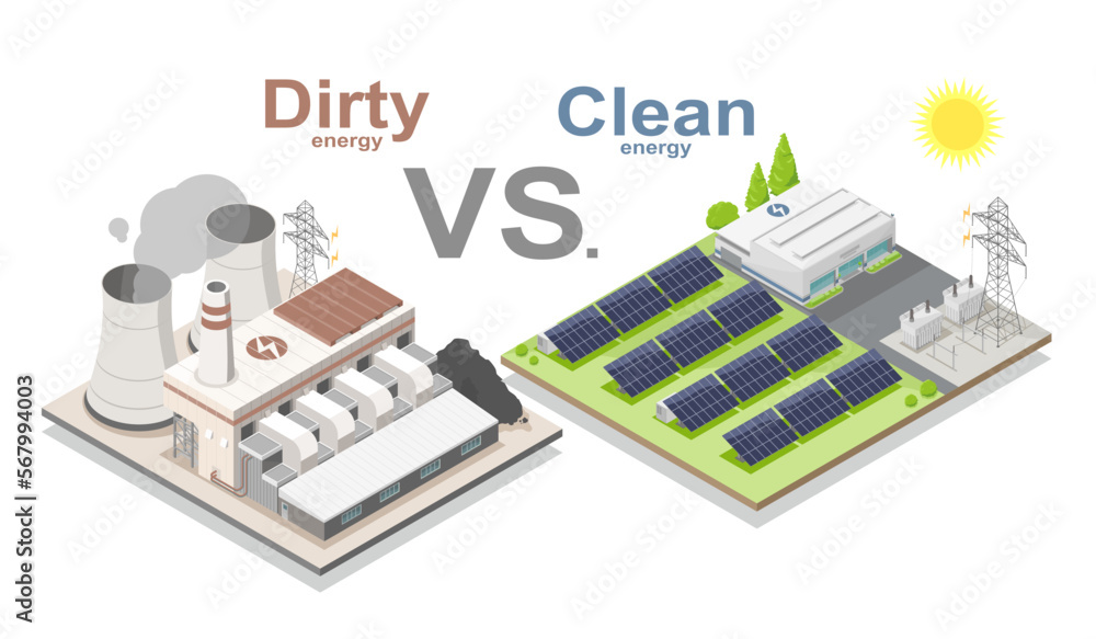 Dirty vs Clean Energy Climate Change concept Coal Fired Fossil Fuels ...