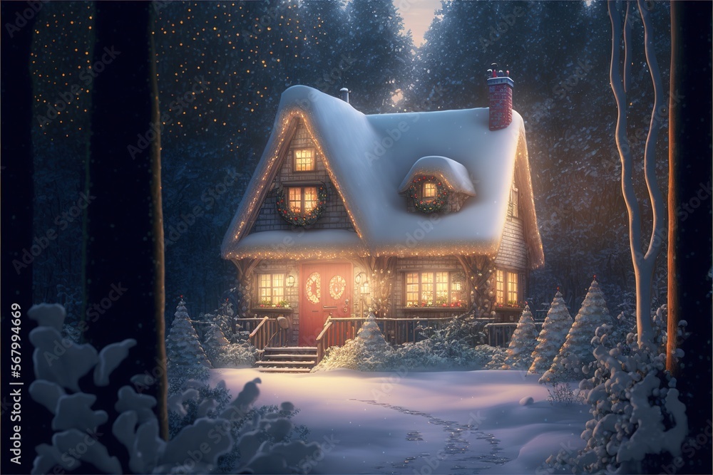 A house is lit up with christmas lights in the snow at night in the ...