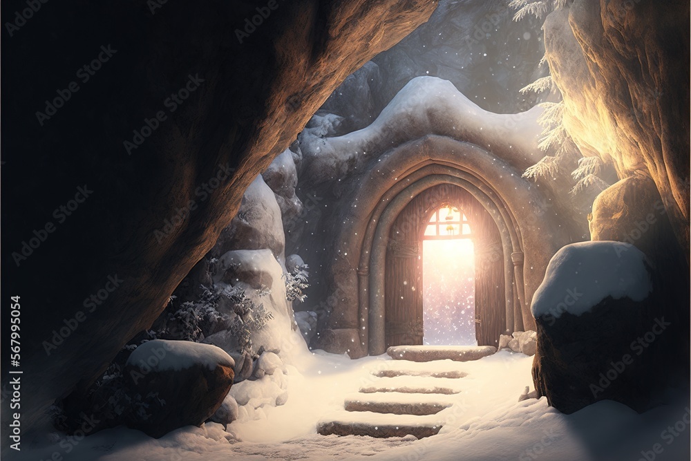 A snowy scene with a doorway and steps leading to a light at the end of ...