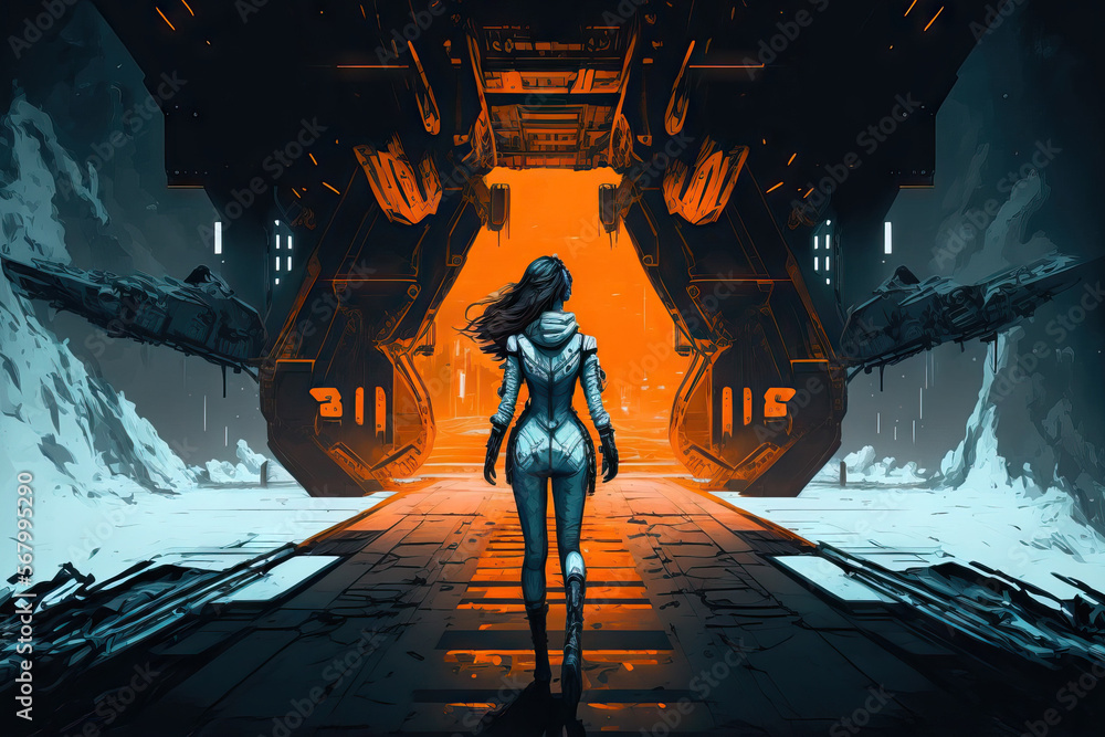A cyborg girl strolls across a metal bridge to a cryo chamber in a ...