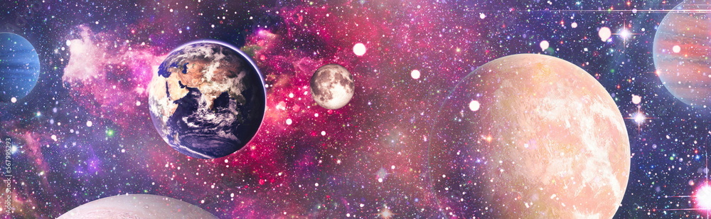 Panorama view universe space. Cosmic landscape, Planet Earth from space ...
