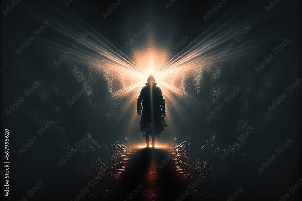 A man standing in a dark tunnel with light coming from his head and ...