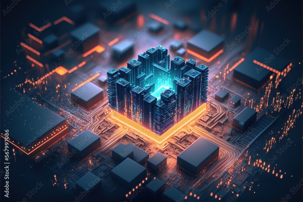 A computer circuit board with a blue and yellow design on it and a blue ...
