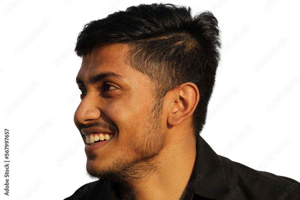 Smiling Indian young man side view face portrait close up on isolated ...