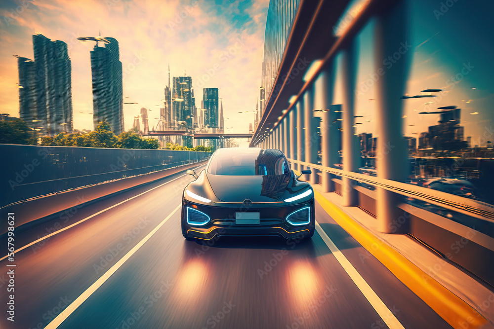 a self driving autonomous vehicle traveling along a city highway ...