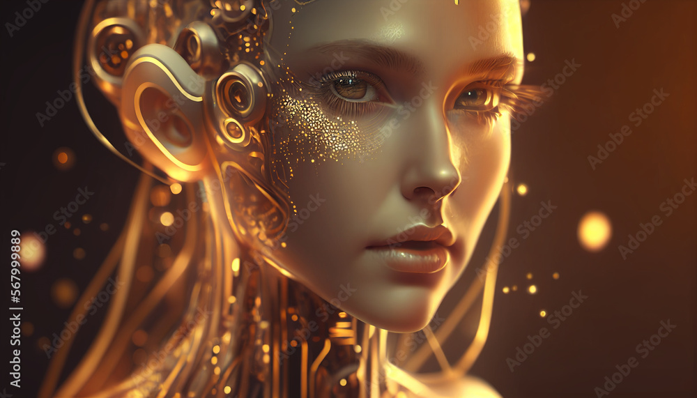 A humanoid cyber girl with gold neural network thinks. Artificial ...