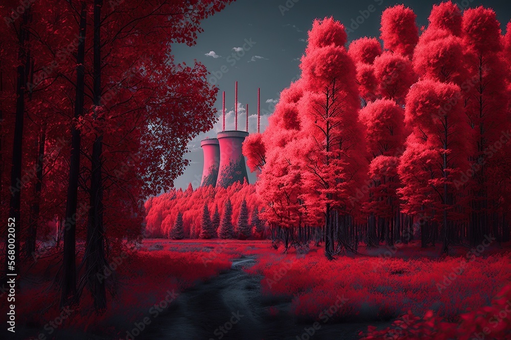Red forest near nuclear power plant, concept of Nuclear Contamination ...